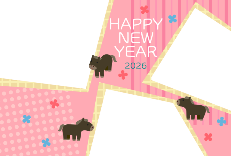 【写真フレーム】かわいい馬たちと写真が3枚入る年賀状テンプレート | 2026年（令和8年） 無料の年賀状デザインテンプレート集